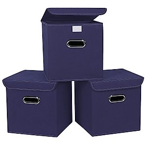 STOREONE Foldable Storage Bins Cubes Storage Organizer With Lid,Fabric Cube Storage Box With Handle,For Home Bedroom Office,Closet, Clothes, Toys,3 Pack,（Navy Blue