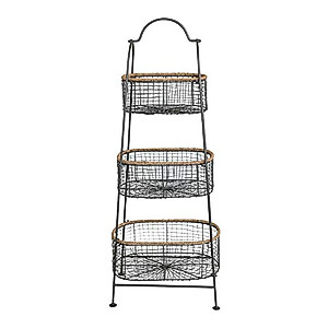 Creative Co-Op Metal & Rattan 3-Tier Removable Baskets Stand, Black