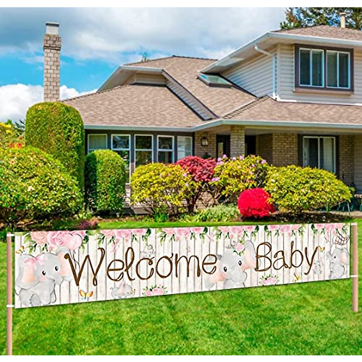 CHXSM 9.8 x 1.6 ft Pink Elephant Welcome Baby Yard Sign Banner Girl Shower Party Supplies Decorations Backdrop Background