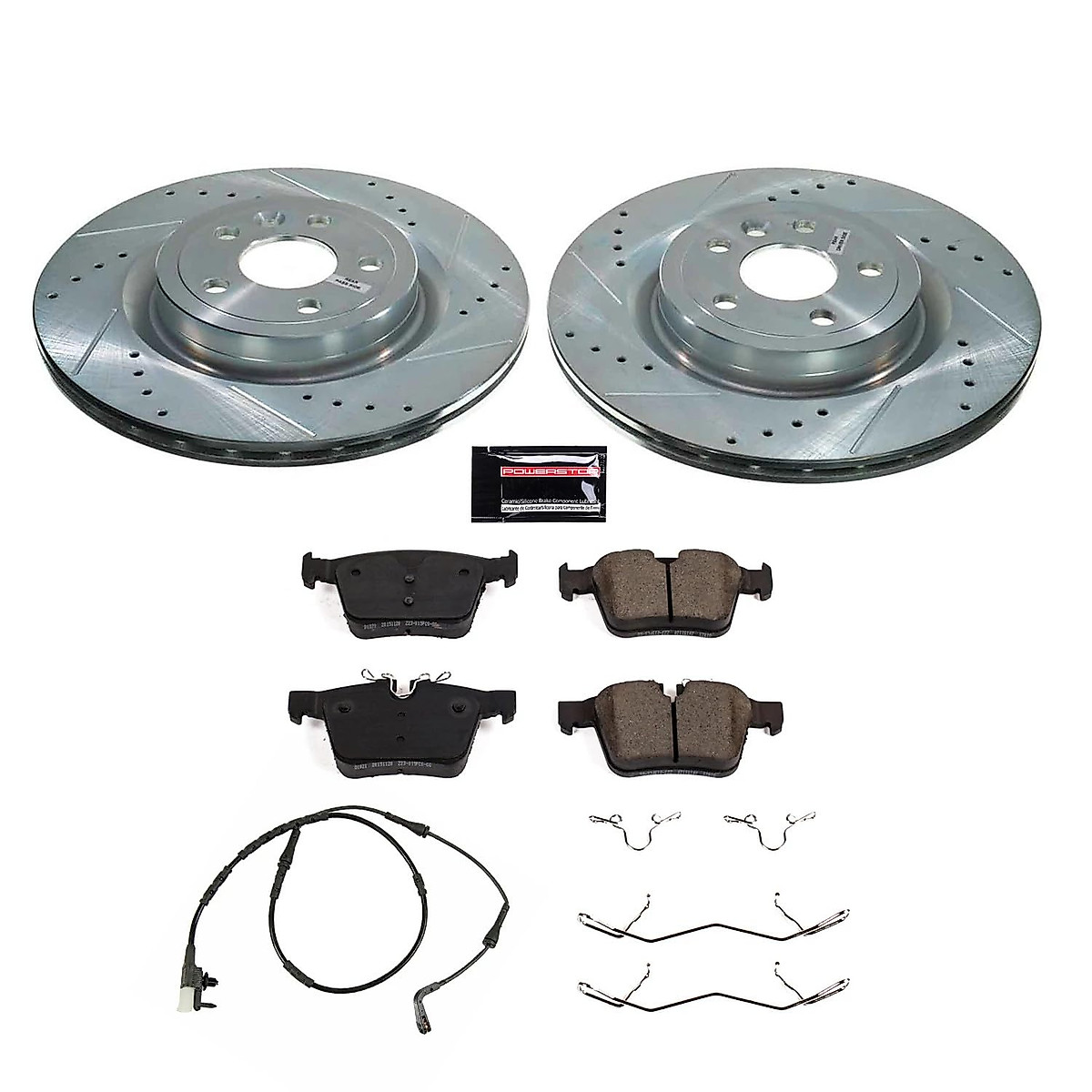 Power Stop Rear K8208 Carbon-Fiber Ceramic Brake Pad with Drilled and Slotted Rotor Kit Z23 Daily Driver and 1 Rear Sensor Wire For Jaguar F-Pace, Land Rover Range Rover Velar [Model Specific]