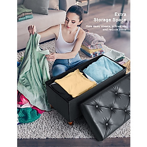 Nicehill 30 inches Folding Storage Ottoman Bench with Wooden Legs, Ottoman with Storage for Living Room & Bedroom,Faux Leather, Load 350lbs, Black