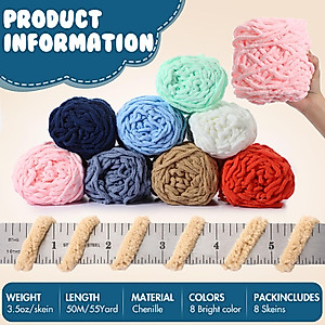 Buryeah 8 Pack Chunky Chenille Yarn for Crocheting Soft Thick Fluffy Yarn for Hand Knitting Bulky Velvet Blanket Plush for Weaving DIY Crafts Each 3.5 oz 55 Yards (Multicolor)