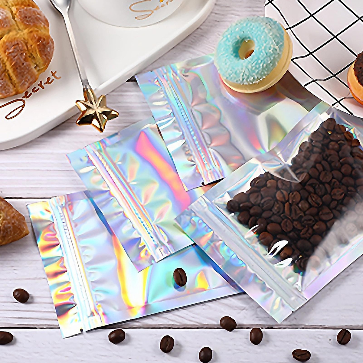 100 Pieces Bags Holographic Packaging Bags Storage Bag for Food Storage (Holographic Color, 7 x 9 Inches)