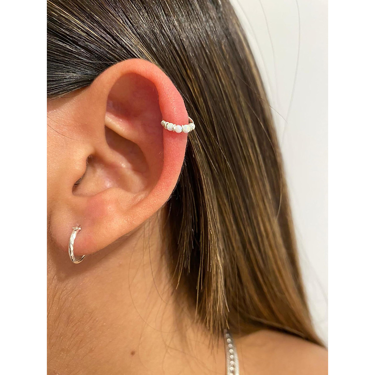 Handmade Silver Single 10MM Cartilgae Helix Piercing Hoop Earring with Trio White Opal, 925 Sterling Silver Very Small 10MM Thin 22 Gauge Hoop for women, By Miya Jewelry Creations