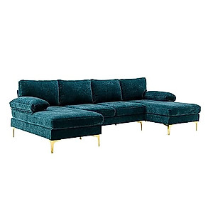 Zaboro 110" Accent Sofa, U-Shaped Sectional Sofa, Modern Upholstered Accent Sofa with Metal Legs and Padded Seat, 4-Seater Leisure Sofa Couch, for Living Room Apartment, Teal Blue