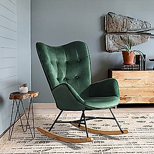 FurnitureR Rocking Wooden and Metal Rocker Glider, Scandinavian Fabric Armchair Comfy Side Living Room Bedroom Studio Leisure Office Accent Chair, Green