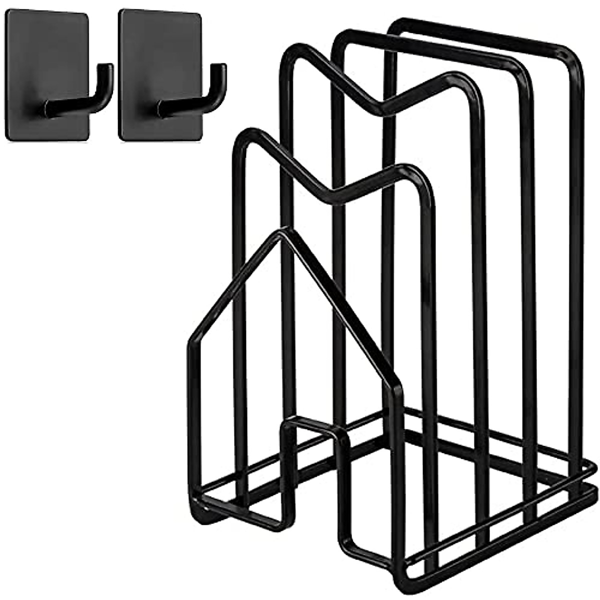 SUNFCON Cutting Board Holder Rack Pot Pan Lids Holder 2 Adhesive 304 Stainless Steel Hanging Hooks Chopping Board Organizer Thin Bakeware Tray Dry Display Stand Kitchen Countertop Cabinet Office Black