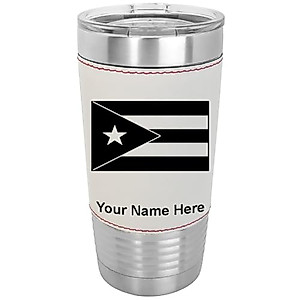 LaserGram 20oz Vacuum Insulated Tumbler Mug, Flag of Puerto Rico, Personalized Engraving Included (Faux Leather, Baseball Style)
