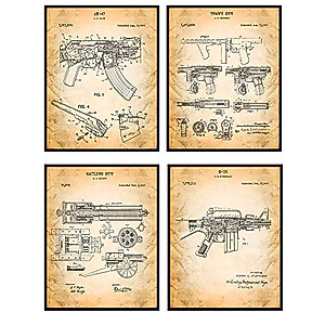 Original Famous Automatic Weapons Wall Art Patent Prints - Unframed Set of Four - Great Gift for Gun and Firearm Enthusiasts - Man Cave Home Decor - Ready to Frame (8x10) Vintage Photos
