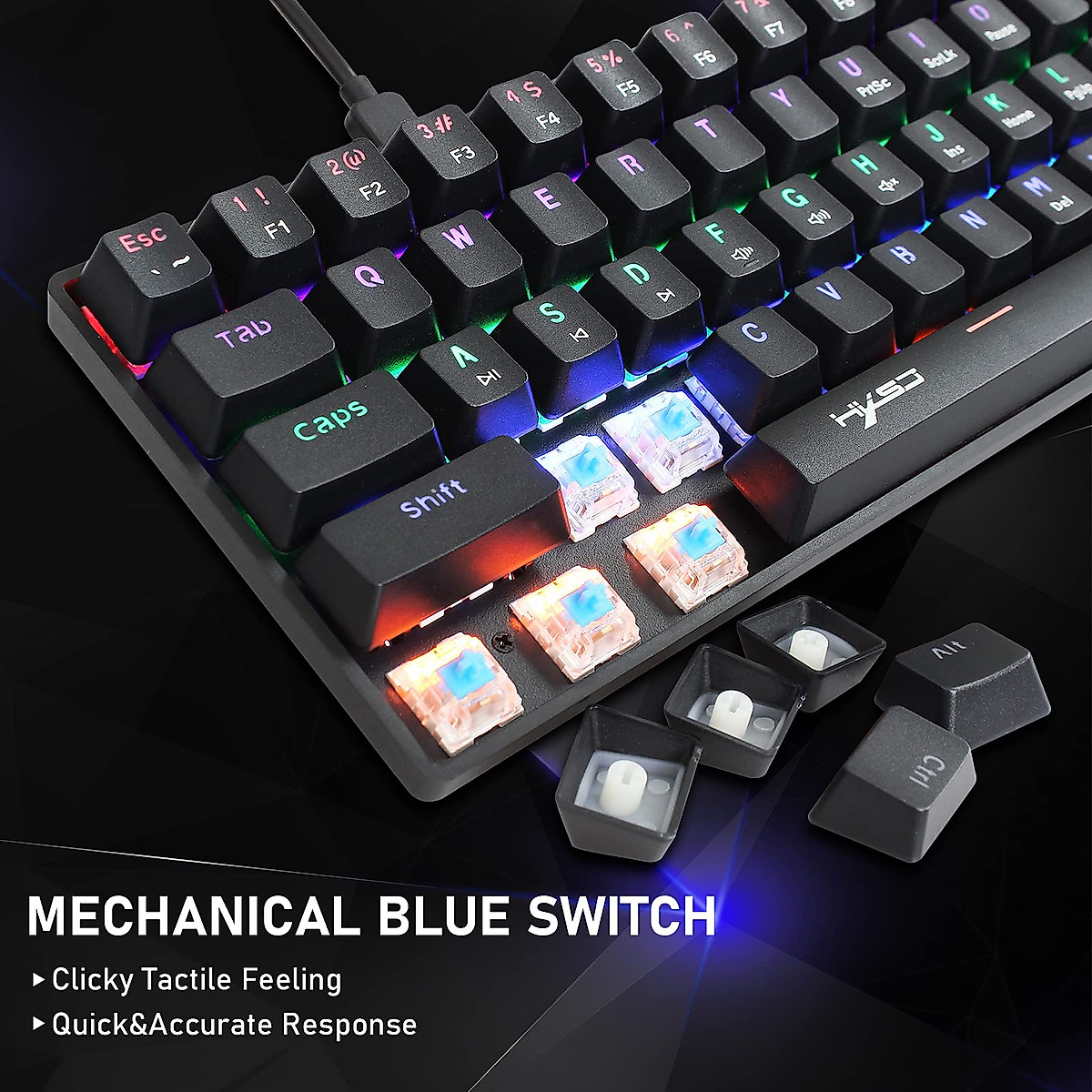 Compact Mechanical Gaming Keyboard Mini Portable with Ergonomic 61 Key Layout Multi Rainbow LED Backlight Anti-ghosting Waterproof Type-C USB Wired for PC MAC Gamer Computer Typist(Black/Blue Switch)