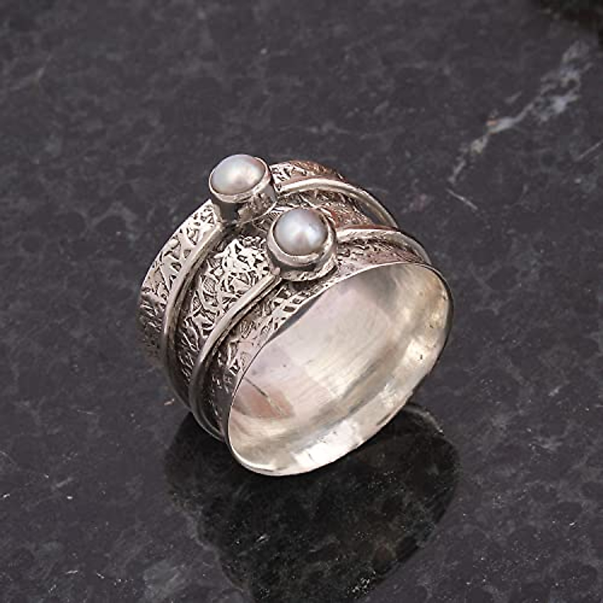 925 Sterling Silver Round Pearl Spinner Handmade Silver Meditation Boho Worry Ring (10.5)