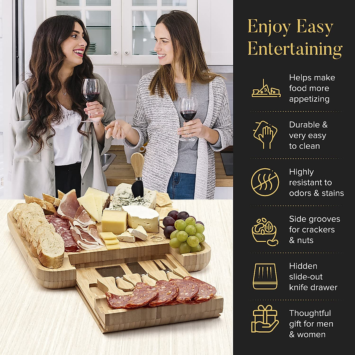 Premium Bamboo Cheese Board and Knife Set - Charcuterie Board with Knives - Deep Grooves & Hidden Drawer for Stainless Steel Cutlery - Wine Cheese Board Set - an Elegant Gift Idea