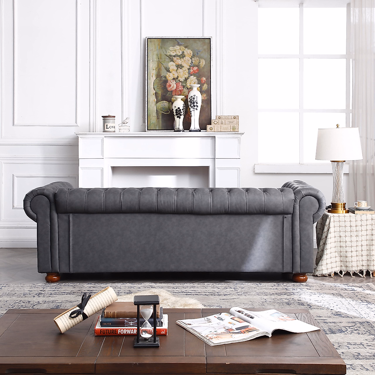 N NOORDENIYA Chesterfield Sofa,Faux Leather Couch Upholstered Sofa with Low Back,Roll Arm Nailhead Trim Classic 3 Seater Sofa for Living Room,Home Furniture (Dark Grey)