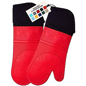 HOMWE Extra Long Professional Silicone Oven Mitt, Oven Mitts with Quilted Liner, Heat Resistant Pot Holders, Flexible Oven Gloves, Red, 1 Pair, 14.7 Inch
