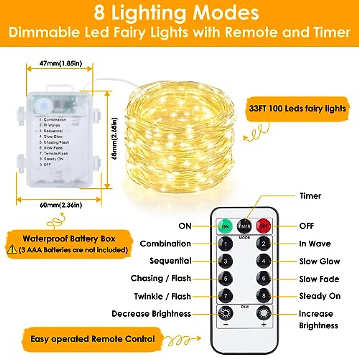 Mlambert 3 Pack 33FT Fairy String Lights Battery Operated with Remote and Timer, 100 LED Dimmable Waterproof Silver Wire 8 Modes Twinkle Lighting for Bedroom Indoor Outdoor Christmas Decor-Warm White