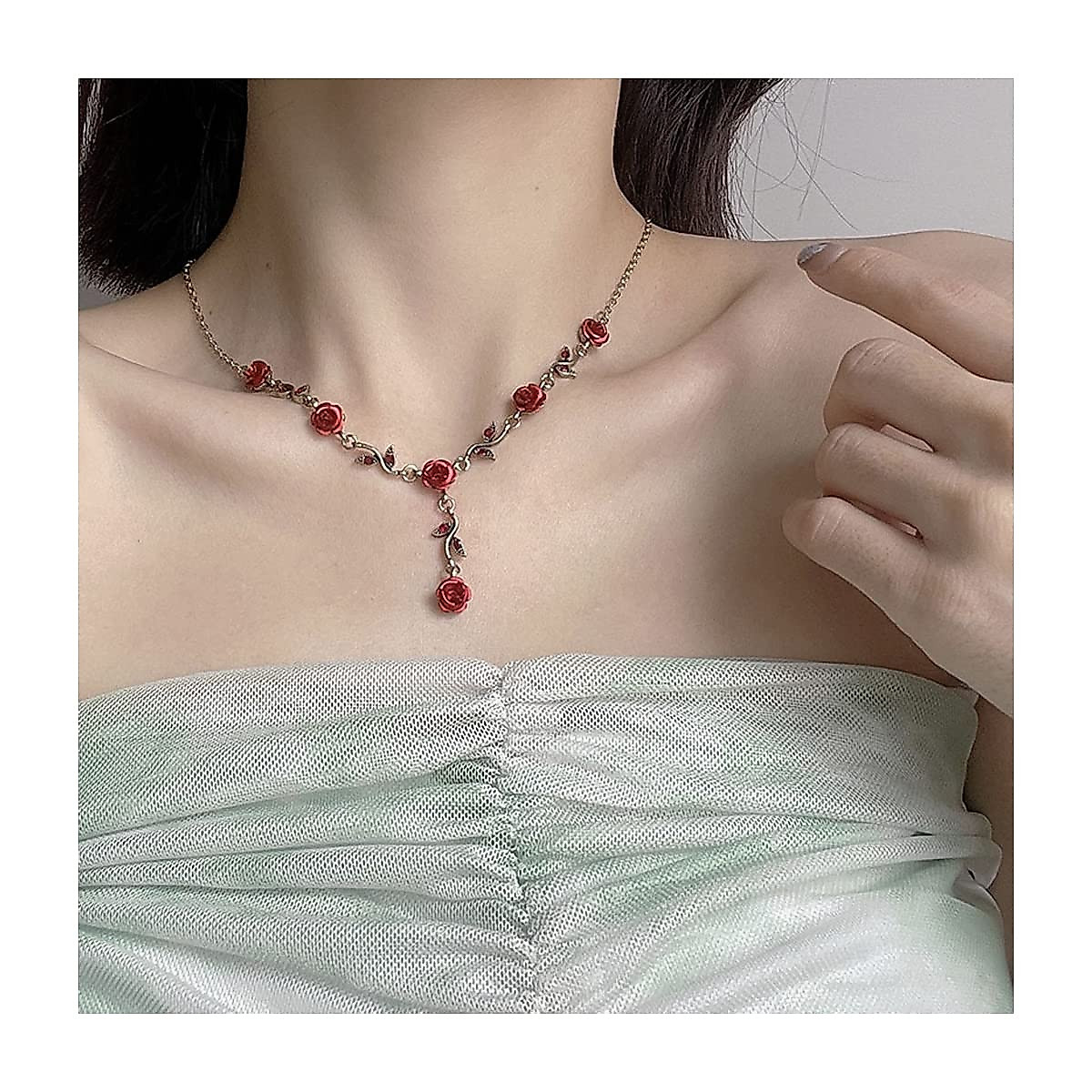 yomlry 3Pcs Rose Red Jewelry S925 Red Flower Necklaces for Women Red Rose Flower Dangle Earrings Rose Bracelet Rose Gold Prom Jewelry Sets for Women Bride Wedding red rose