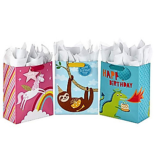Hallmark 13" Large Kids Birthday Gift Bags Assortment with Tissue Paper - Sloth, Dinosaur, Unicorn (Pack of 3 Gift Bags, 9 Sheets of Tissue Paper)