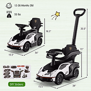 Costzon Push Cars for Toddlers, 3 in 1 Licensed Lamborghini Stroller Sliding Walking Car w/Handle, Armrest Guardrail, Underneath Storage, Horn, Foot-to-Floor Ride On Toy for Boys Girls (White)