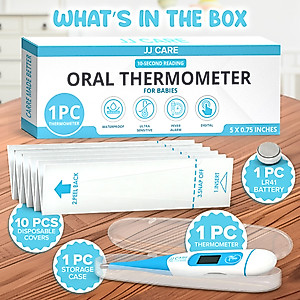 JJ CARE Oral Thermometer with LCD Display, Calibrated Oral Thermometer for Babies and Adults, 10 Seconds Fast Reading Oral Digital Thermometer for Fever with 10 Disposable Covers