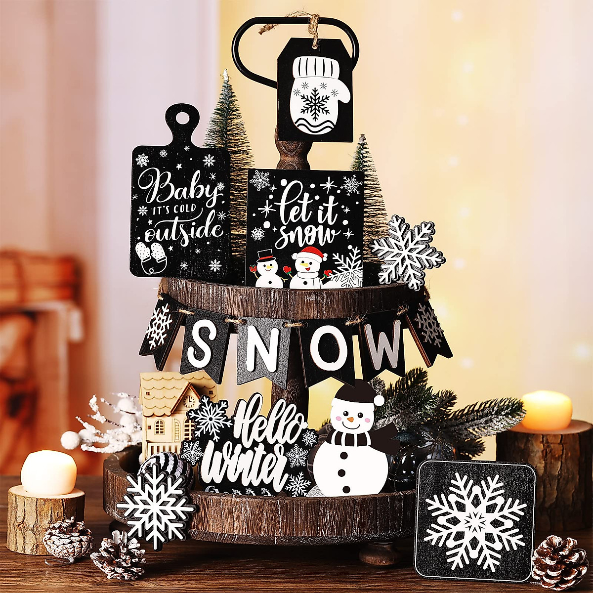 BBTO 14 Pcs Winter Tiered Tray Decor Black and White Snowflake Table Wood Decor Hello Winter Wood Blocks Signs for Home Decor(Classic Style)