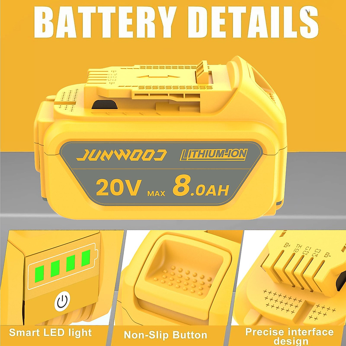 JUNWOOD 2Pack 8.0Ah Lithium Replacement for Dewalt 20V Battery Max XR Cordless Tools DCB180 DCB205 DCB206 DCB206-2 DCB200 DCB204 DCB204BT-2 DCB203 DCB201 DCB207
