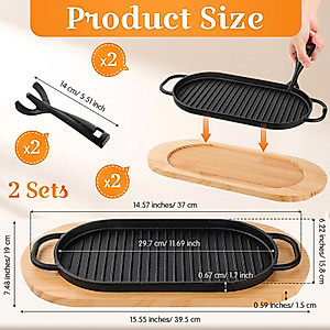 Yiyiring 2 Pcs Cast Iron Fajita Skillet Pan Set Sizzling Steak Plate with Wooden Base and Removable Handle Cast Iron Grill Frying Pan for Home Restaurant Kitchen Cooking (12 x 6.3 Inch)