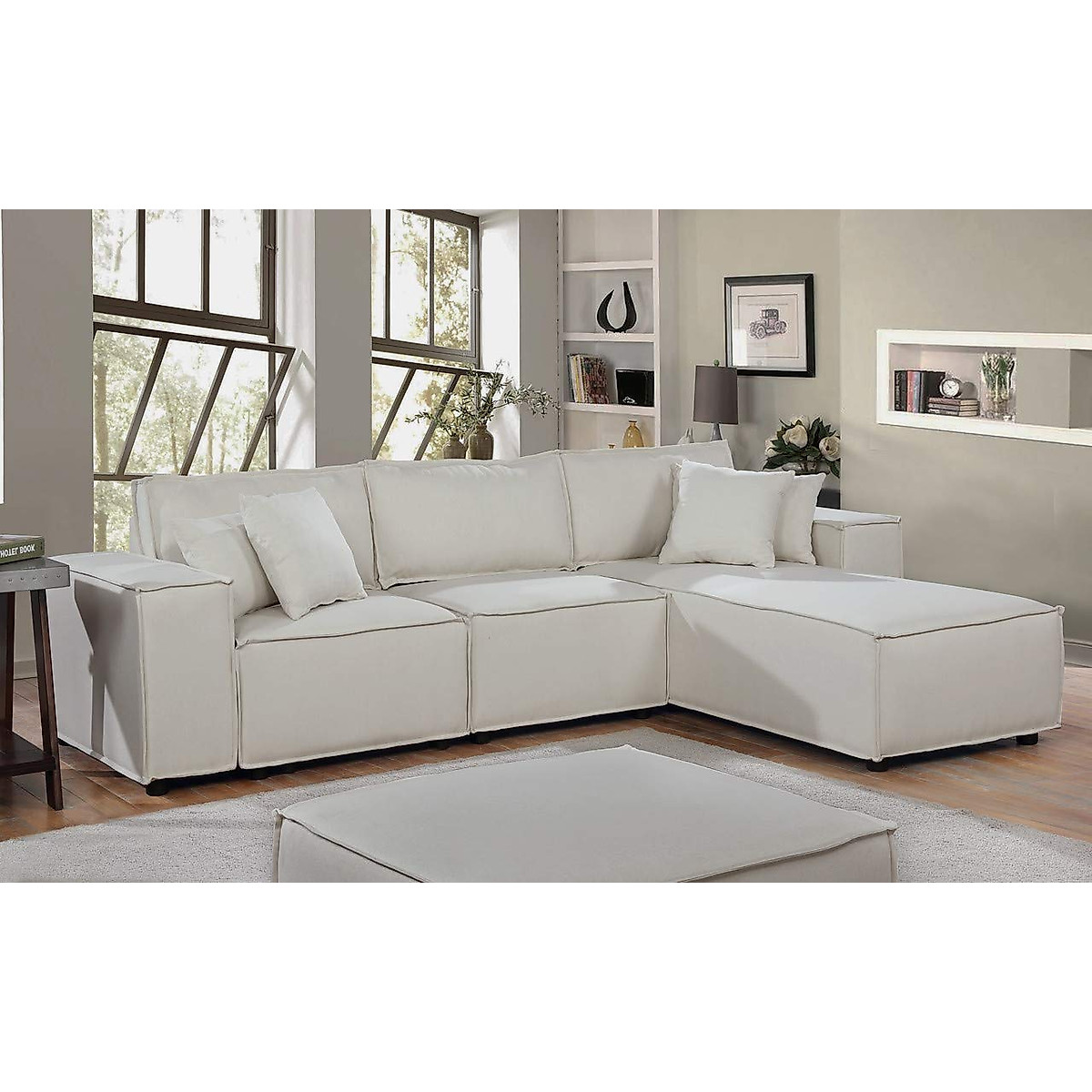 YOPTO 104" L-Shaped Sofa with Reversible Chaise,Convertible Pull-Out Sleeper Couch with Removable Back Cushions and Accent Pillows, for Small Space Living,Beige