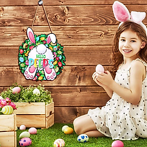 Jetec Happy Easter Wooden Hanging Sign Wreath Bunny Tail Door Sign Welcome Spring Wooden Plaque Wreath Rustic Wall Sign Yard Indoor Outdoor Garden Decoration with Rope, 10.5 x 9.5 Inch