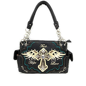 Western Women's Concealed Carry Angel Wings Cross Faith Hope Love Western Handbag Tote Purse in 3 Colors (Black Handbag Only)