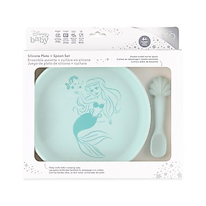 Bumkins Disney Baby and Toddler Plate and Spoon Set, Silicone Dish for Babies and Kids, Baby Led Weaning, Children Feeding Supplies, Microwave Safe, Platinum Silicone, Ages 6 Months Up, Princess Ariel