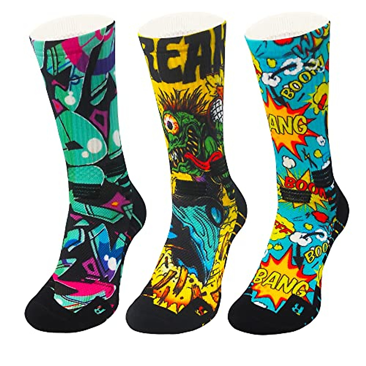 JDQ 3 Pairs Funny Socks- Mens Stocking Stuffers Christmas Novelty Gift, Crazy Cool Socks, Graffiti Pattern Colorful Dress Calf Crew Socks, Women Men Teens- M