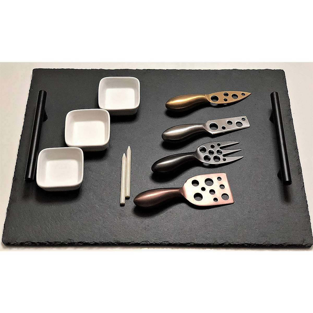 Natural Slate Cheese Board and Knife Set | Charcuterie Board Cheese Knives and Spreader set 14 Pieces 16" x 12" Serving Tray with Black Handle Ceramic Bowls Soapstone