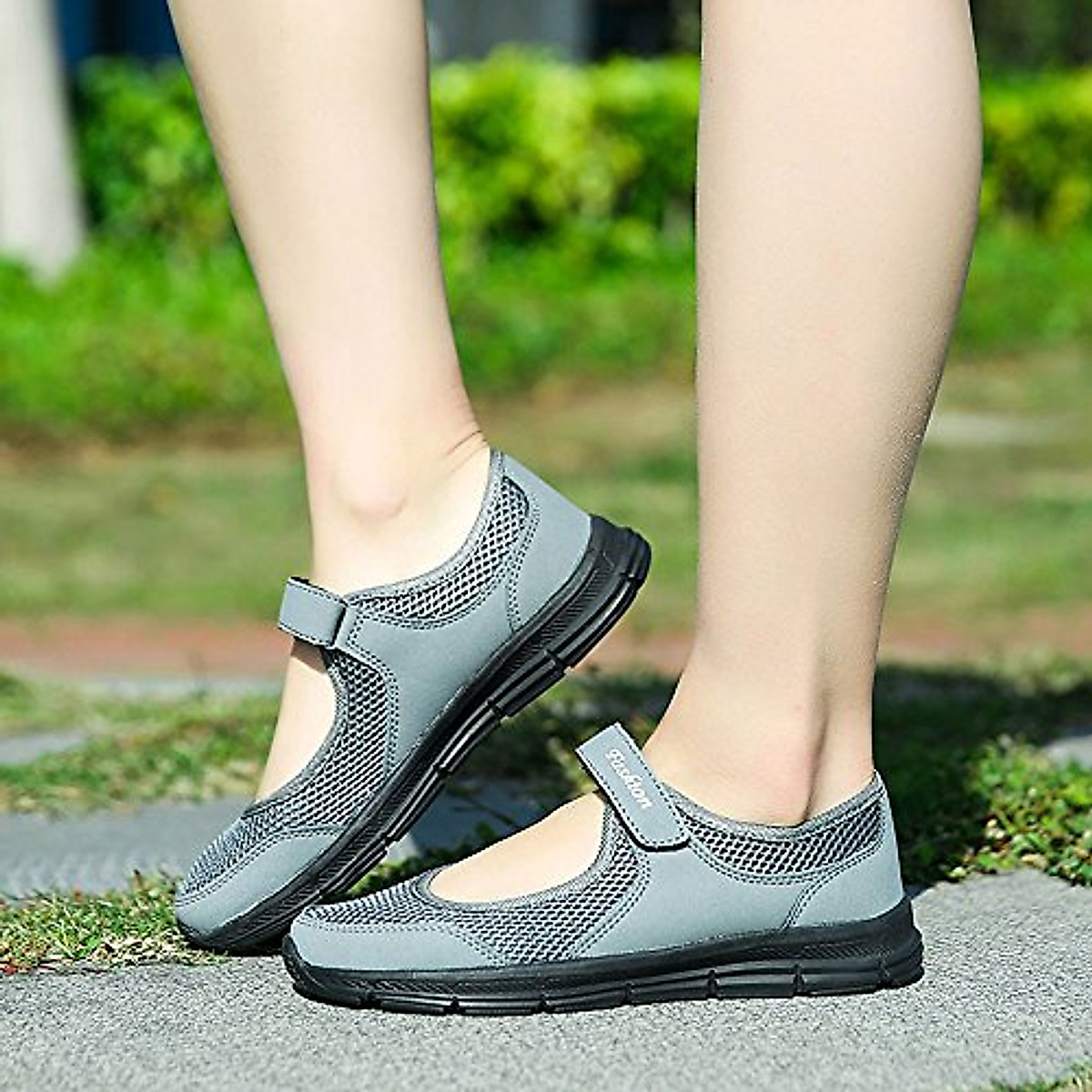 Fululuer Women's Breathable Mary Jane Shoes Buckle Casual Walking Slip On Sneakers Air Cushion Nurse Shoes Comfortable Mesh Velcro Walking Shoes Outdoors Lightweight Breathable Slip On Sneakers