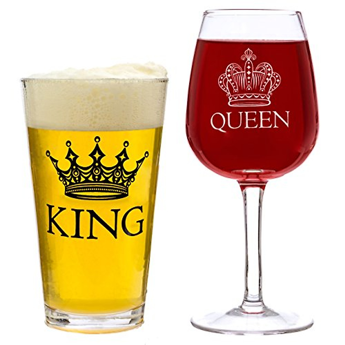 King Beer & Queen Wine Glass Set | Beautiful Gift for Newlyweds, Engagements, Anniversaries, Weddings, Parents, Couples, Christmas - Novelty Drinking Glassware (King Beer & Queen Wine Glass Set)