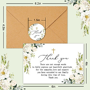 Whaline 48Pcs Funeral Thank You Cards Cross Sympathy Thank You Card with Stickers Envelopes Flower Bereavement Card for Memorial Service Loved Ones Celebration of Life