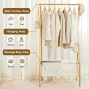 Cozivolife Bamboo Clothes Rack with Storage Box, Garment Rack Clothing Racks for Hanging Clothes, Foldable Wardrobe Storage Rack for Entryway and Bed Room (Natural)