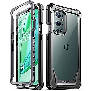 Poetic Guardian Case Designed for Oneplus 9 Pro 5G, Built-in Screen Protector Work with Fingerprint ID, Full Body Hybrid Shockproof Bumper Cover Case, Black/Clear