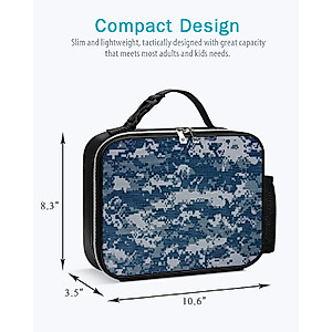 Lunch Bag for Women Men, Insulated Padded Lunch Box Container Reusable PU Leather Cooler Lunch Tote Bag with Detachable Handle and Side Pocket for Boys Girls Work, Travel, Picnic (Blue Grey Camo)