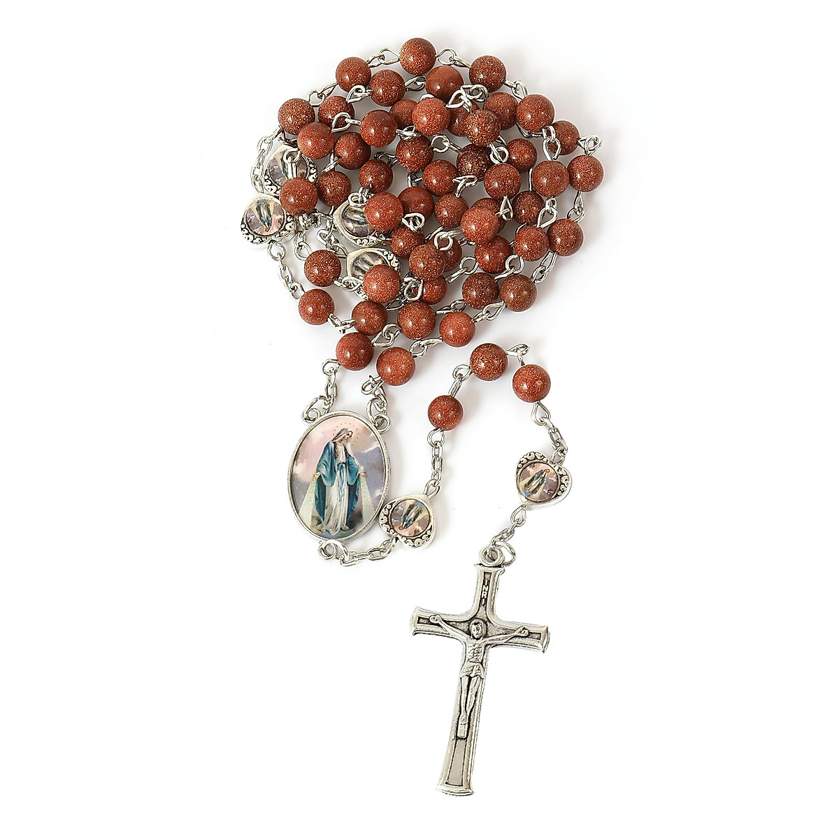 Nazareth Store Natural Goldstone Beads with Miraculous Epoxy Heart Metal Beads Rosary Necklace Gemstone Christian Gifts