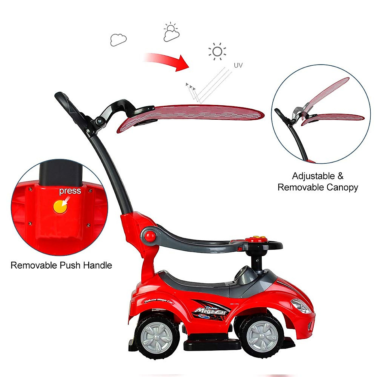 ChromeWheels 3 in 1 Ride on Toys Pushing Car with Removable Sun Visor, Mega Car for Toddlers w/Handle & Horn & Music, Color Red