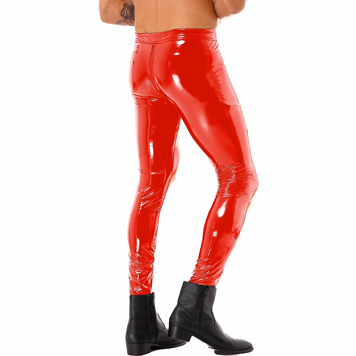 TSSOE Men Shiny Wetlook Patent Leather Skinny Pants Tight Zipper Crotch Clubwear Motor Biker Leggings Red Large