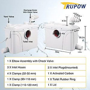 Trupow 700W 110V Macerator Sewerage Pump with 4 Water Inlets for Upflush Toilet System Waste Water Marine Toilet Bathroom Disposal Laundry
