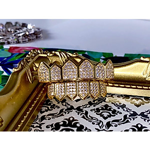 14k Joker Gold Grillz for Mouth Top Bottom Hip Hop Teeth Grills for Mouth Grillz for Mouth Top Bottom Hip Hop 8 Teeth Grills for Teeth Mouth Set - Teeth Cap, Iced Grillz 6 Teeth Top & Bottom Set