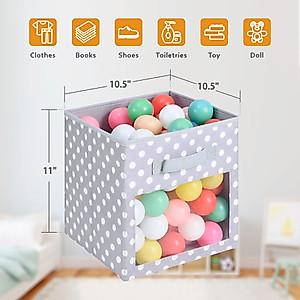 Utureal 11 Inch Fabric Cube Storage Bins with Clear Window, Collapsible Closet Shelves Storage Boxes with Handle, Kids Nursery Room Bedroom Home Basket, Toys Clothes Organizer Bin | Grey, Polka Dots