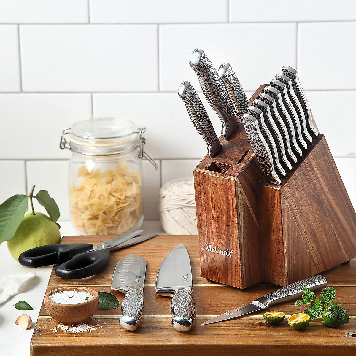 McCook MC20 Stainless Steel Knife Block Sets + MCW12 Bamboo Cutting Board (Large, 17”x12”x1”)