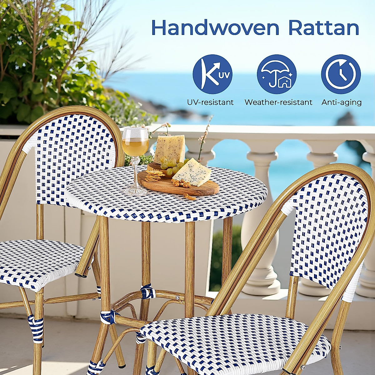 3 Piece Patio Bistro Set , French Wicker Outdoor Bistro Set with Round Table and 2 Dining Chairs , ‎Aluminum Wicker Furniture, All Weather Outdoor Patio Conversation Set for Garden Balcony Cafes Yard