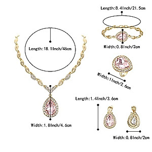 BriLove Womens Africa 18k Gold Plated Jewelry Set Crystal Rhinestones Petals Teardrop Cluster Bib Statement Necklace Link Bracelet Dangle Earrings Ring for Prom Pink Gold-Tone