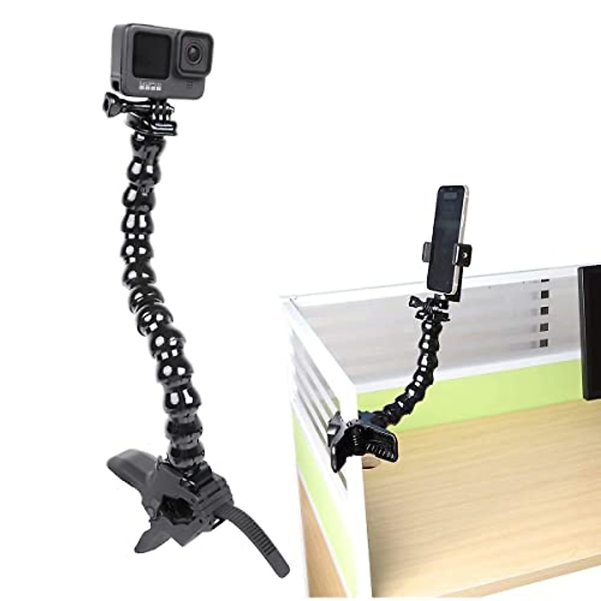 Jaws Flex Clamp Smartphone Mount with Adjustable Gooseneck（13 Sections） Compatible with iPhone Samsung,and GoPro Hero 9,8,7,6,5,4,, 3+, 2, 1, DJI Osmo Action Camera Mounts and Most Action Cameras