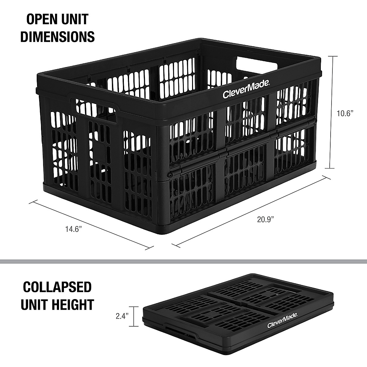 CleverMade Collapsible 45L and 62L Plastic Storage Bins (3 Pack Black) - Utility Containers for Organizing, Toy Storage, Garage Storage