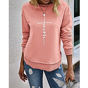 Mansy Womens Cross Letter Printed Crewneck Sweatshirts Casual Funny Graphic Side Split Pullover Shirts Tops (Pink, XX-Large)